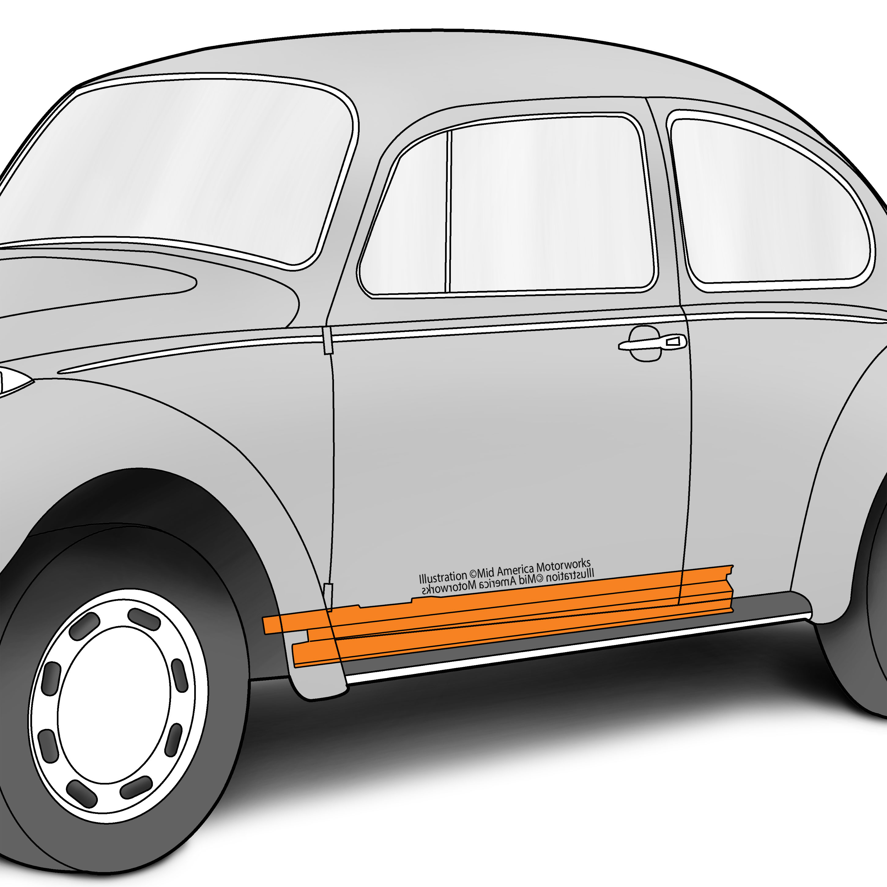 Air Cooled VW 1968-1979 Beetle Rocker Panel with Carpet Mount LH 113801049B