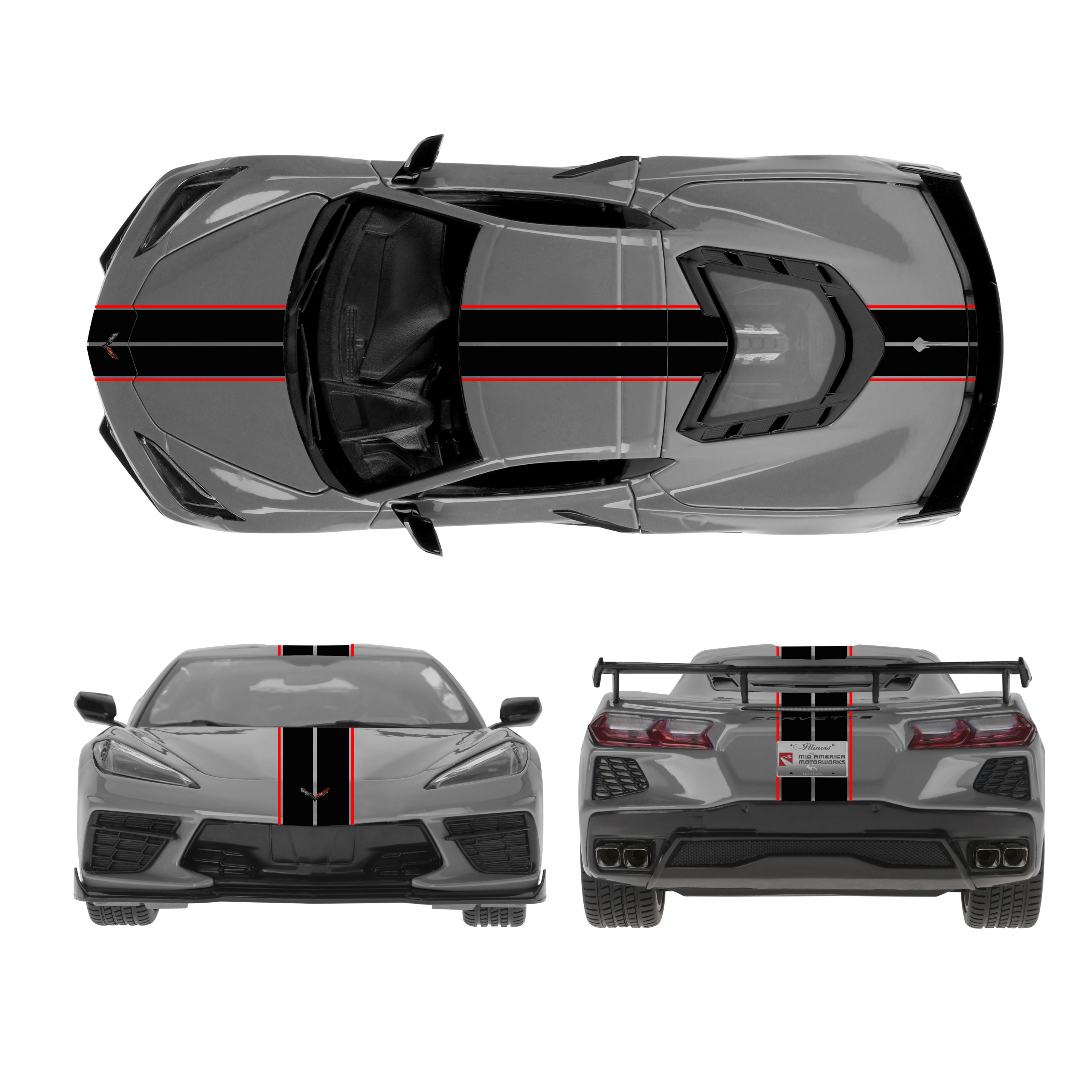 2020-2025 Corvette C8 Dual Stripe Gloss Black with Gloss Red Pinstripes